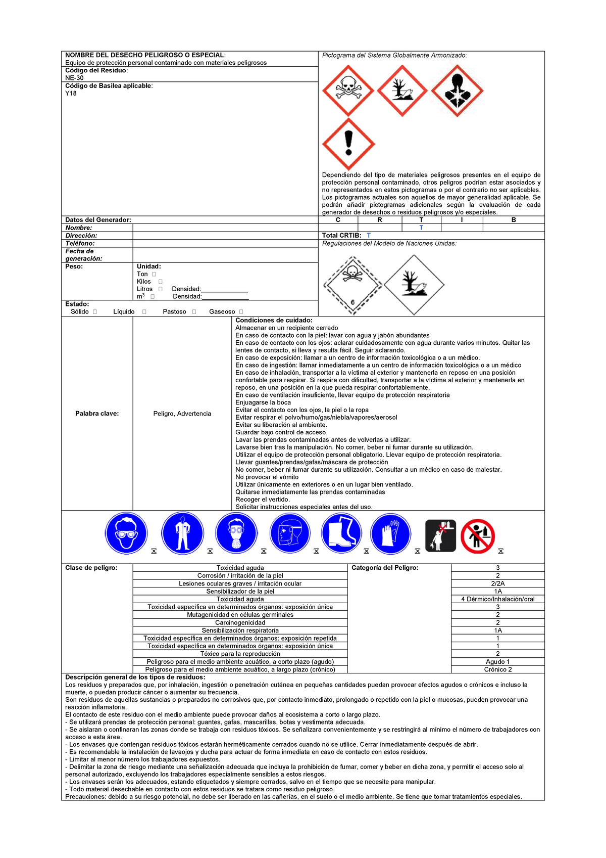 Etiqueta - EPP contaminado - NOMBRE DEL DESECHO PELIGROSO O ESPECIAL: Equipo de protección ...