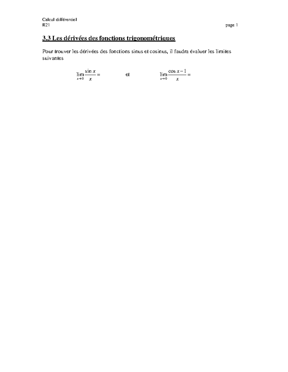 3.3 Dérivation des fonctions trigo - R 21 page 1 3. 3 Les dérivées des ...