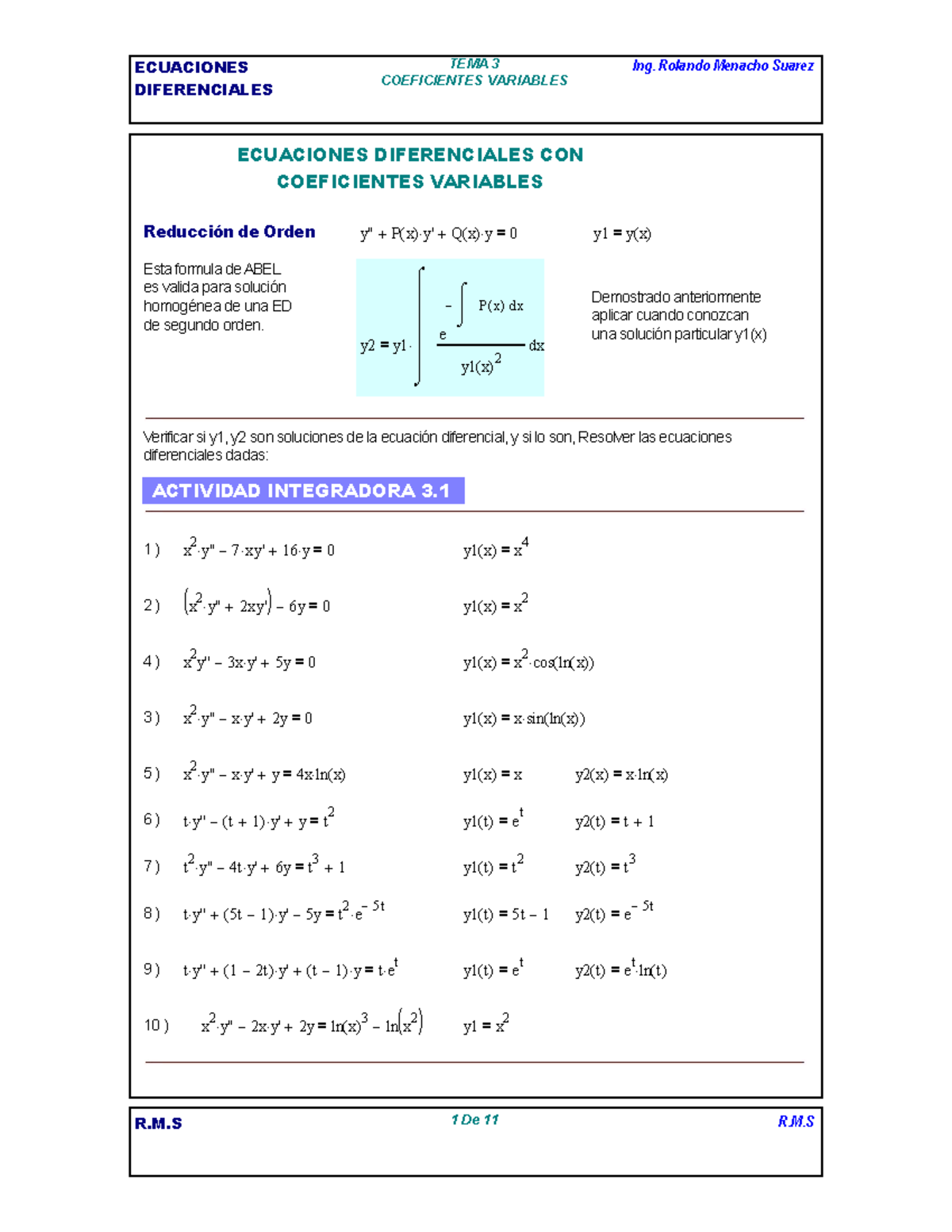 Tema3 coef var - ECUACIONES DIFERENCIALES COEFICIENTES VARIABLES Ing ...