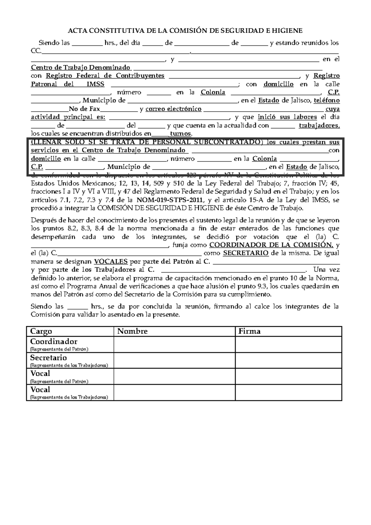 formato acta constitutiva seguridad e higiene...... - ACTA CONSTITUTIVA DE LA COMISIÓN DE ...