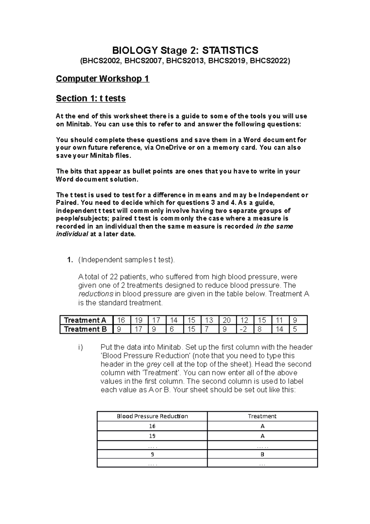 Statistics Workshop 1 Anova and t tests - BIOLOGY Stage 2: STATISTICS ...