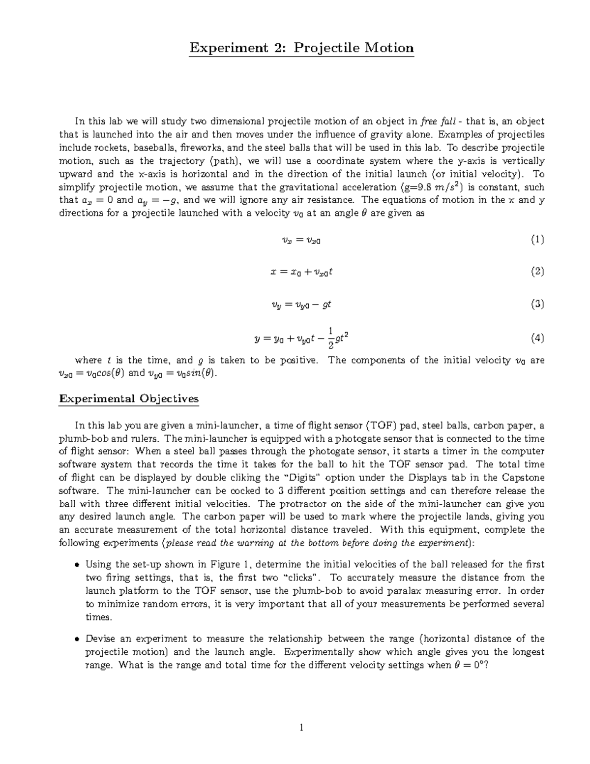 Projectile Lab - Experiment 2: Projectile Motion In this lab we will ...