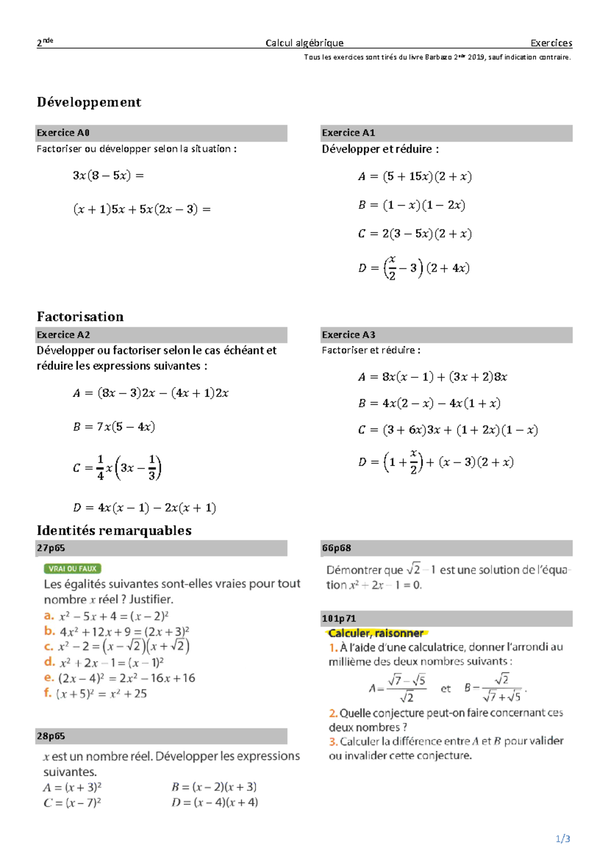 2nde - Calcul algébrique - Exercices - Elève 2 - 2 nde Calcul ...