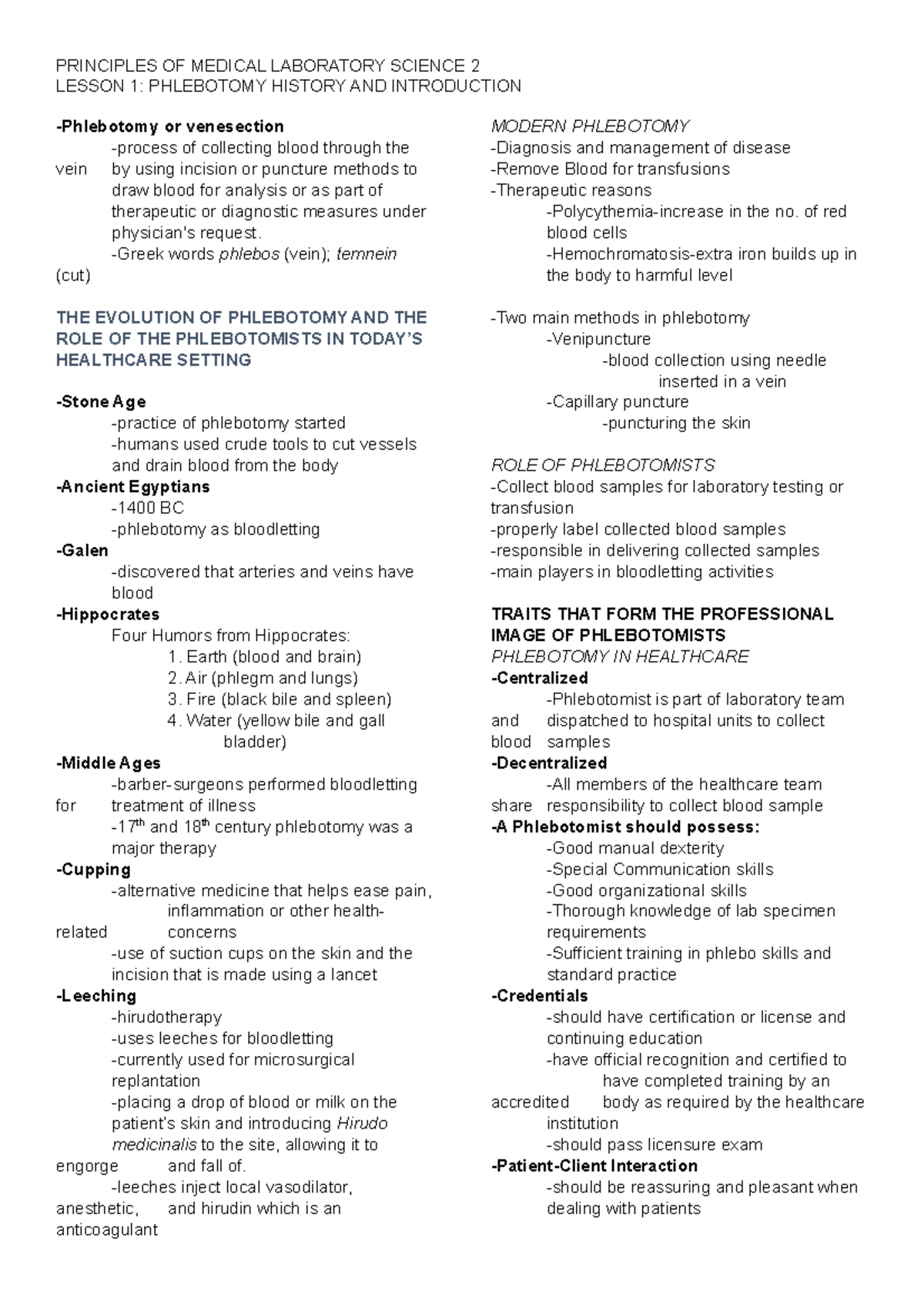 Chapter 1 Phleb History - PRINCIPLES OF MEDICAL LABORATORY SCIENCE 2 ...