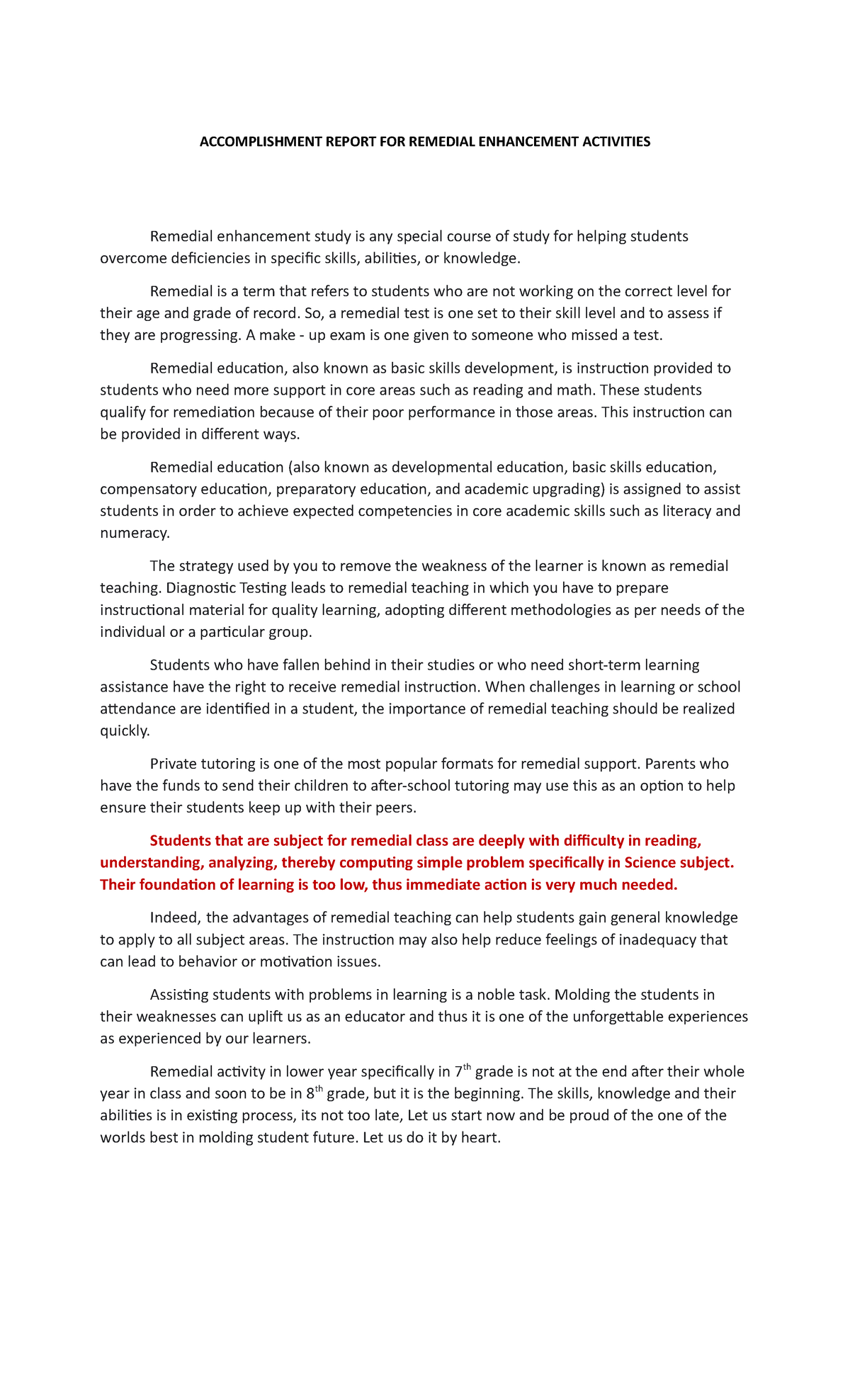 Objective-12a - RPMS - ACCOMPLISHMENT REPORT FOR REMEDIAL ENHANCEMENT ...