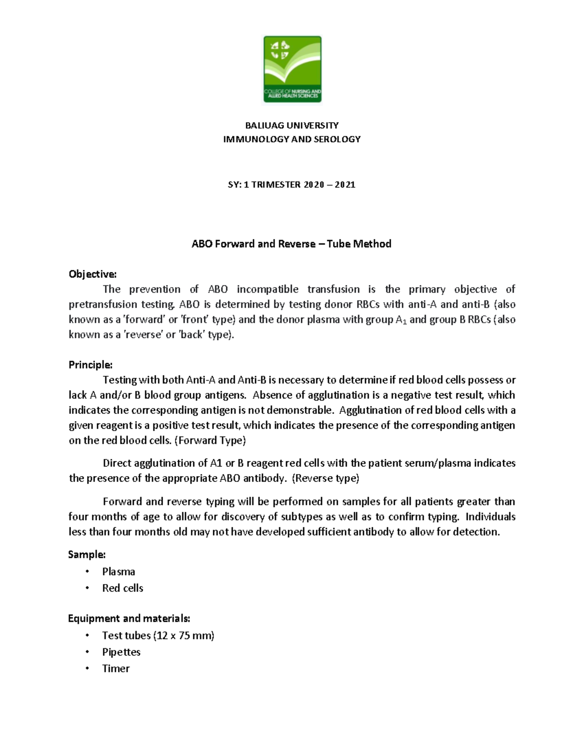 ABO Forward and Reverse – Tube Method - IMMUNOLOGY AND SEROLOGY SY: 1 ...