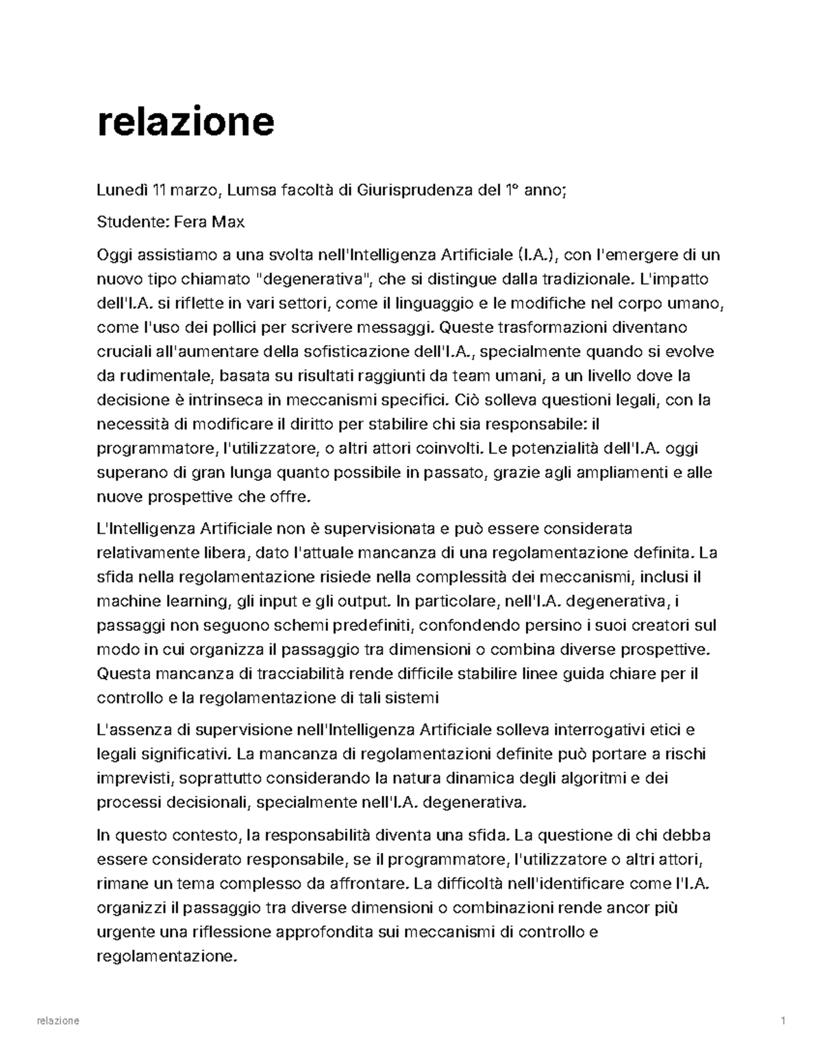 compito in classe - relazione 1 relazione Lunedì 11 marzo, Lumsa ...