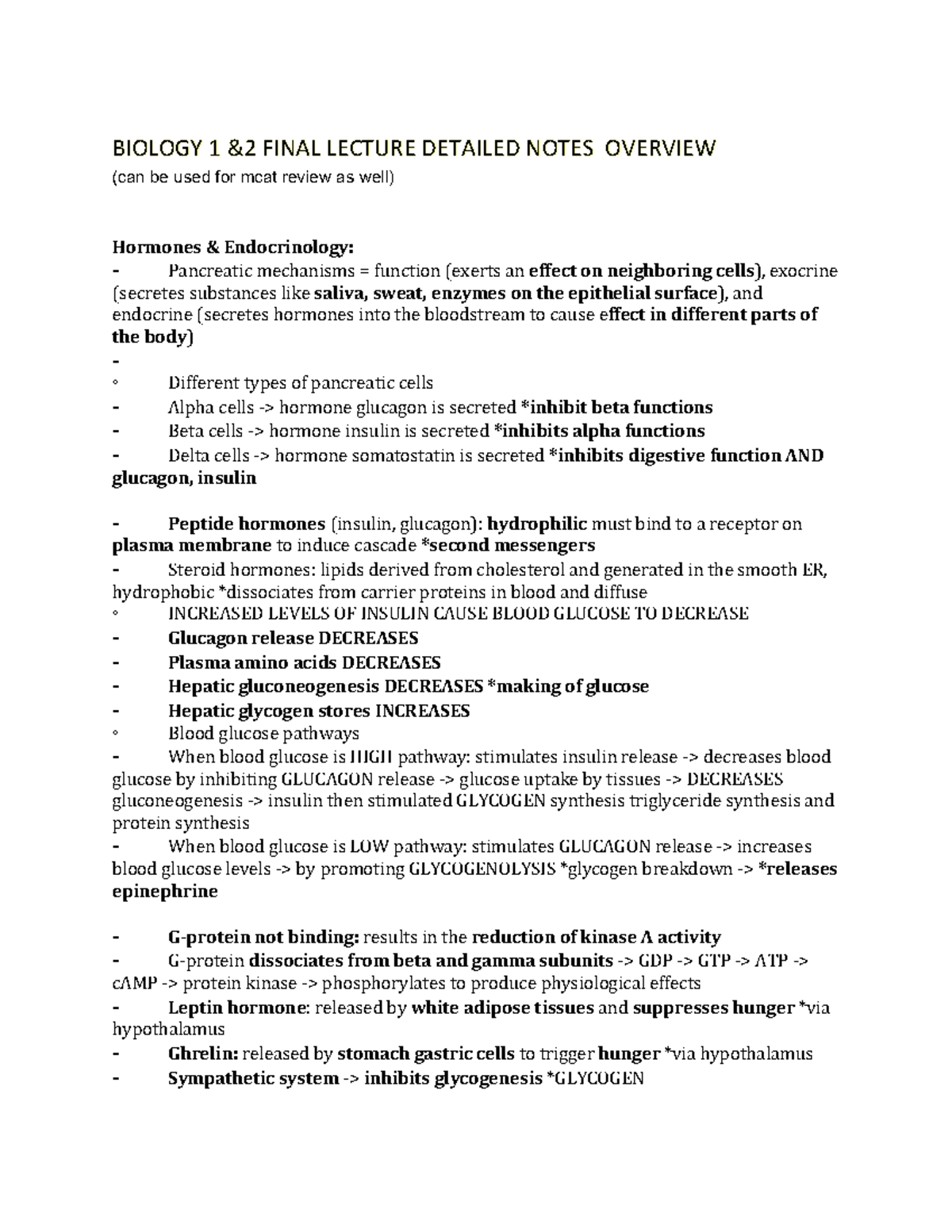 BIO Final Notes 1 - BIOLOGY 1 &2 FINAL LECTURE DETAILED NOTES OVERVIEW ...