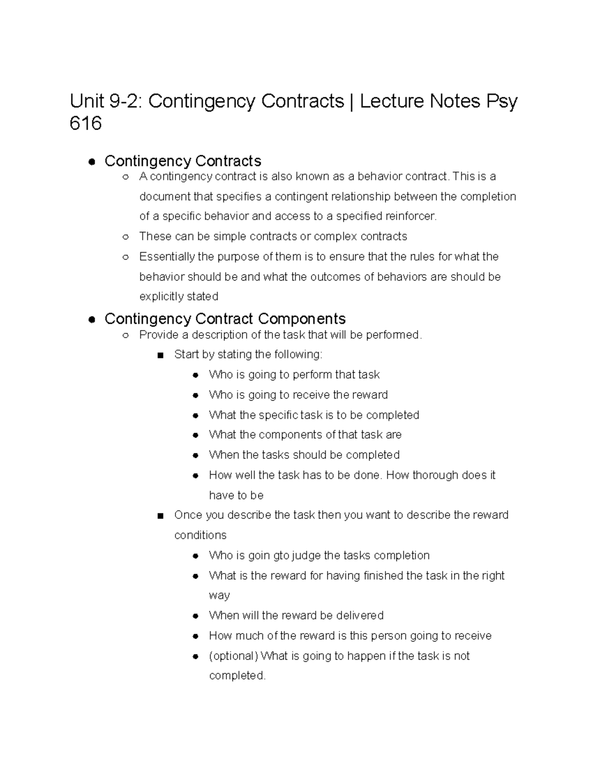 Unit 9 2 Contingency Contracts Lecture Notes Psy 616 Unit 9 2 Contingency Contracts Lecture