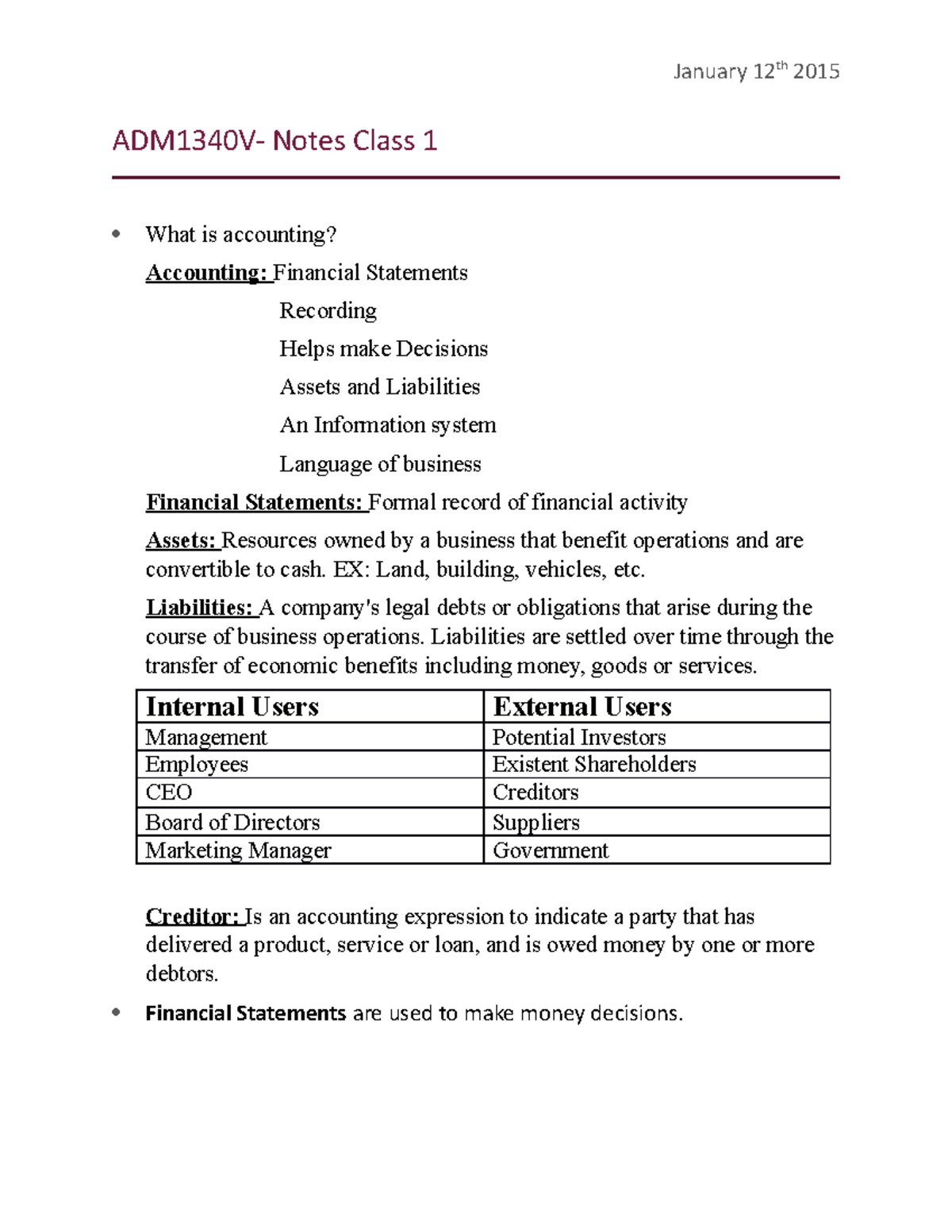 Lecture notes, Class 1 Financial Accounting - January 12th 2015 Notes ...