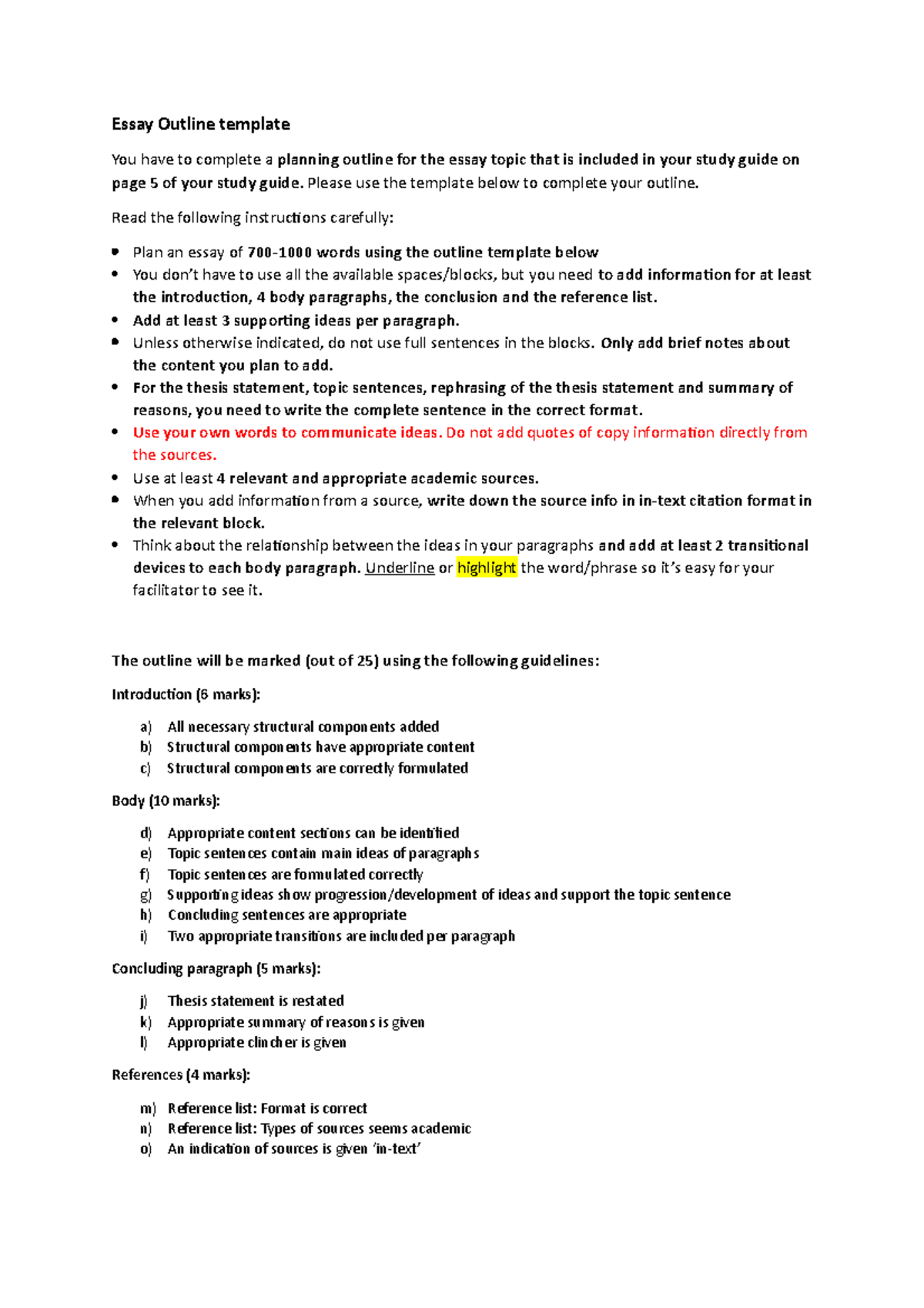 Essay Outline template - Please use the template below to complete your ...