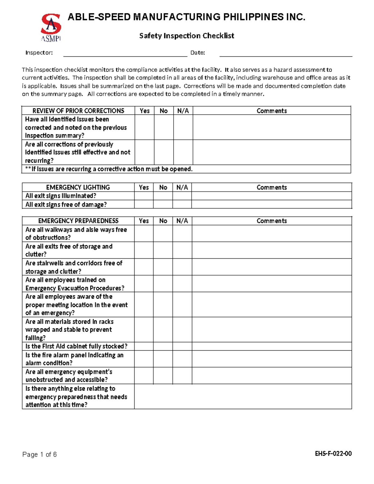 17. EHS-F-022-00 Safety Inspection Checklist - Safety Inspection ...