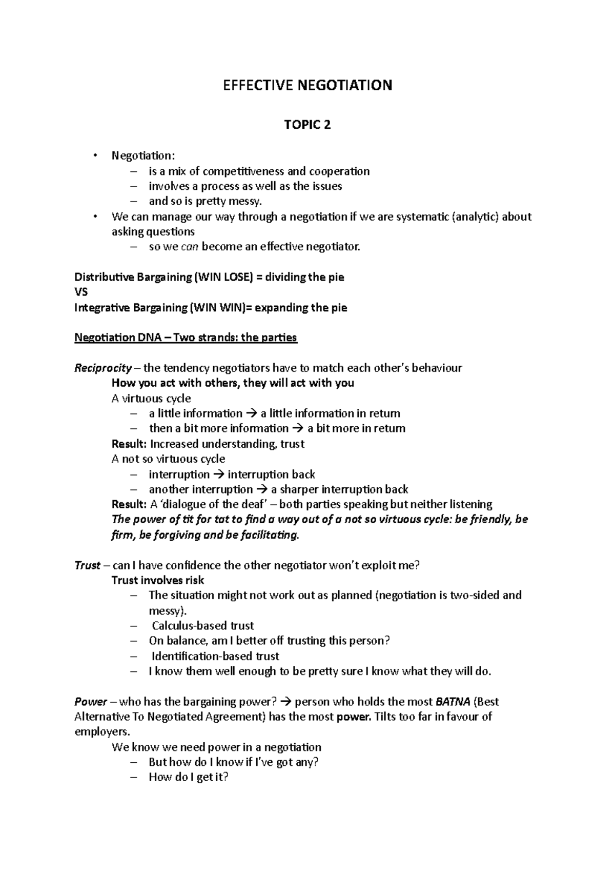 Lecture Notes - EFFECTIVE NEGOTIATION TOPIC 2 Negotiation: is a mix of ...