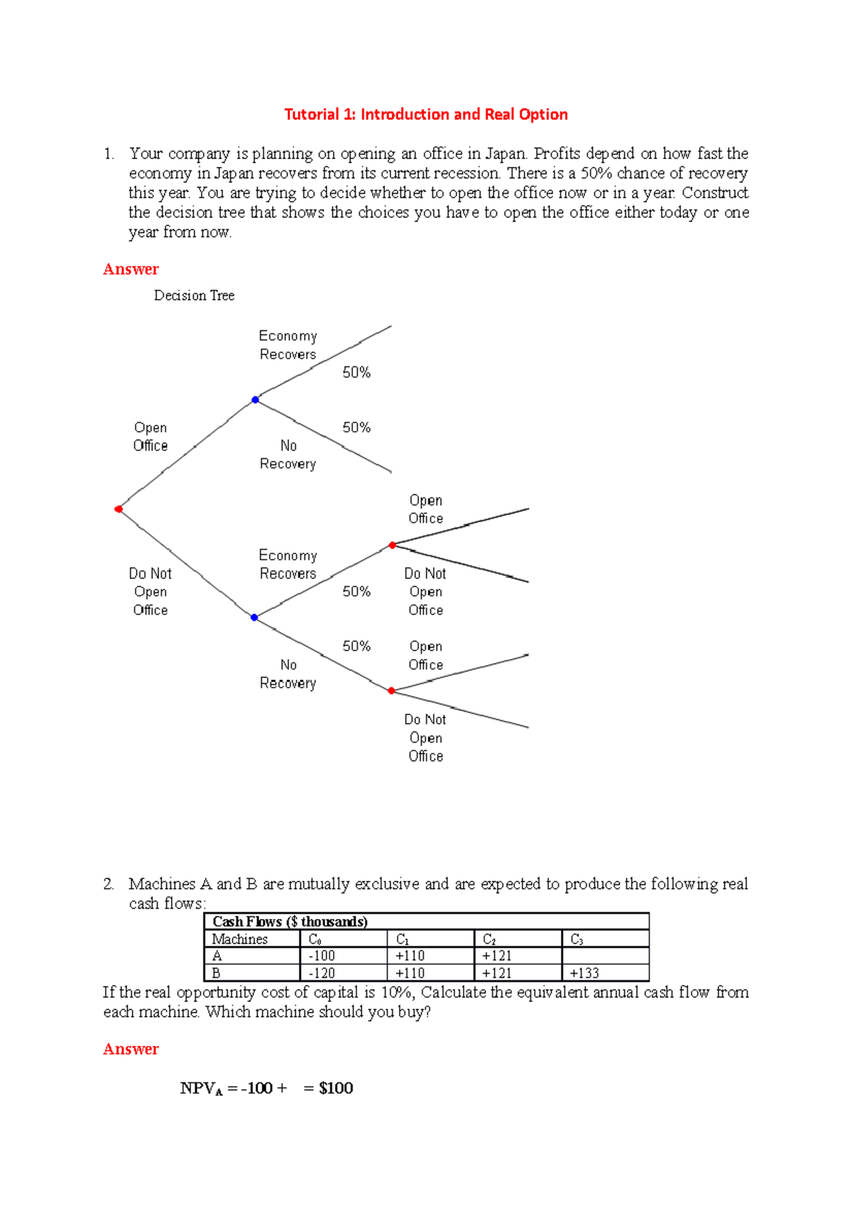 Tutorial 1 real option Sol - Tutorial 1: Introduction and Real Option 1 ...