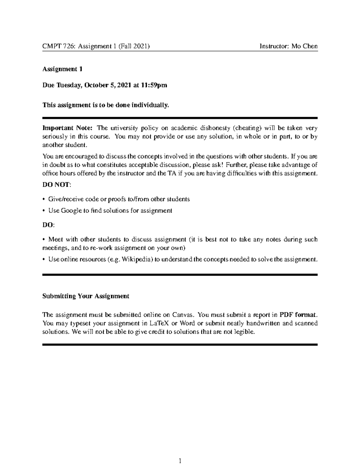 Assignment 1 - Important Note: The university policy on academic ...