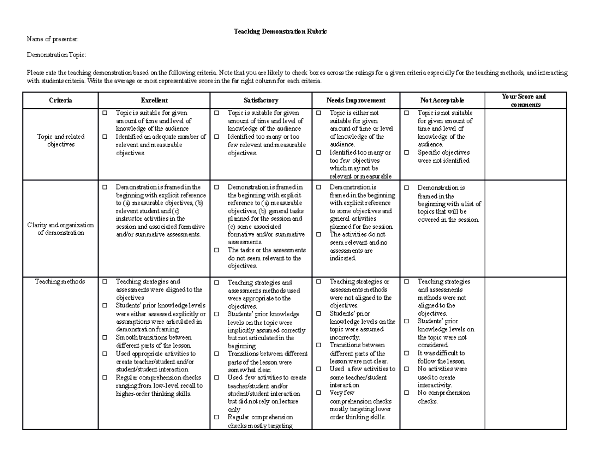 Teaching Demonstration Rubric Note That You Are Likely To Check Boxes 