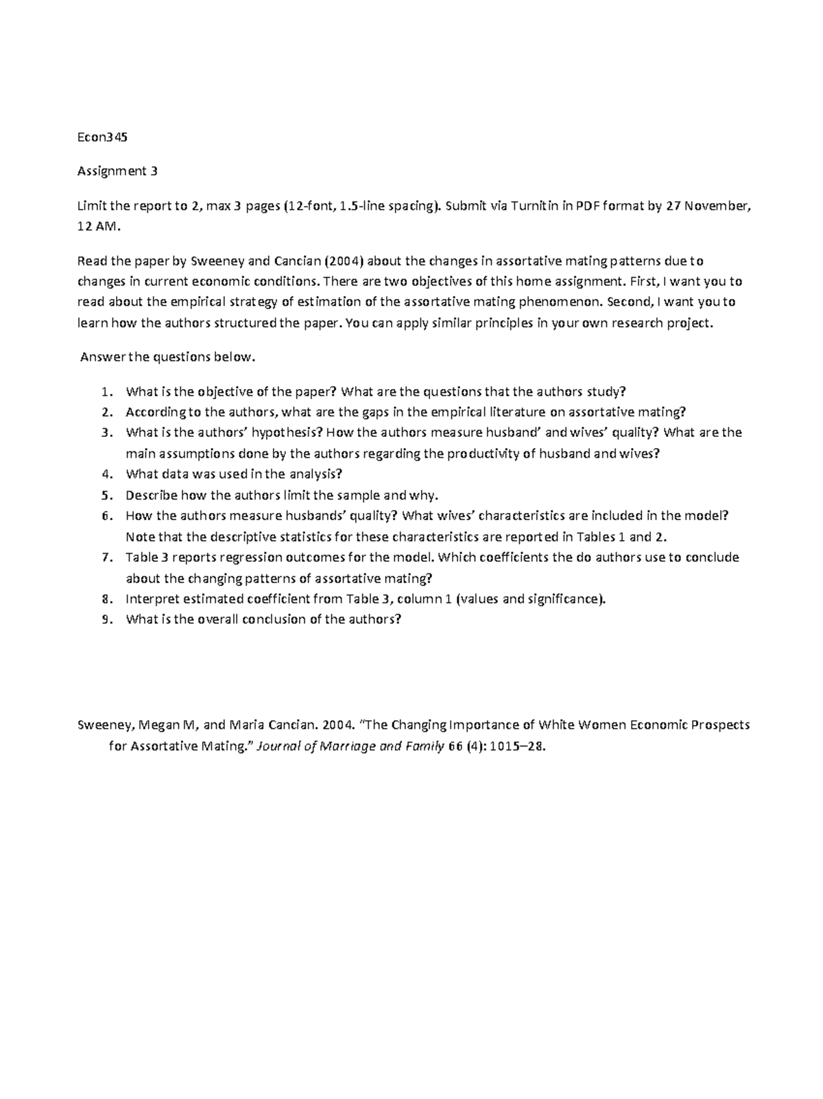 Assignment 3 Assortative mating - Econ Assignment 3 Limit the report to ...