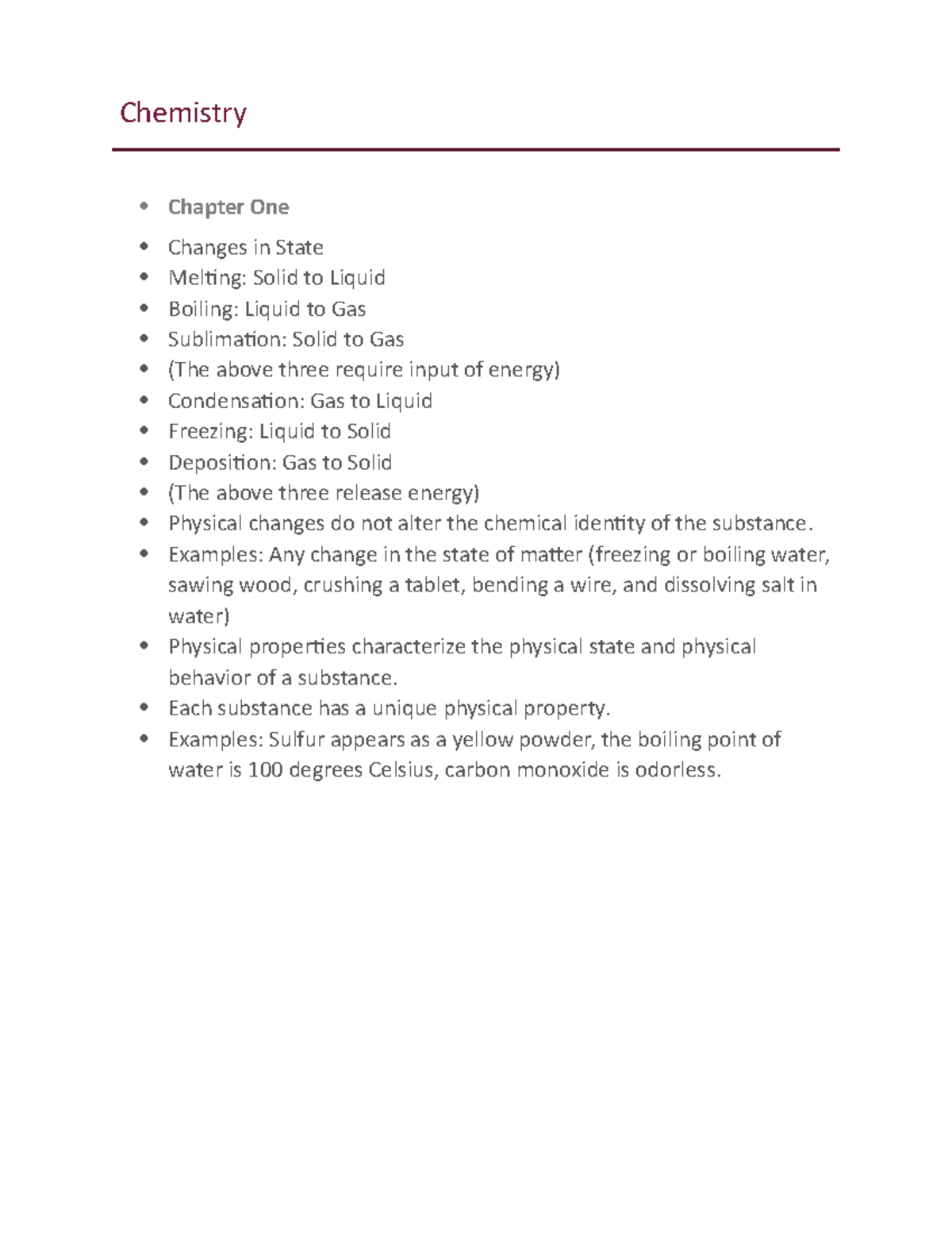 Chemistry- Ch - Lecture notes 3 - Chemistry Chapter One Changes in ...