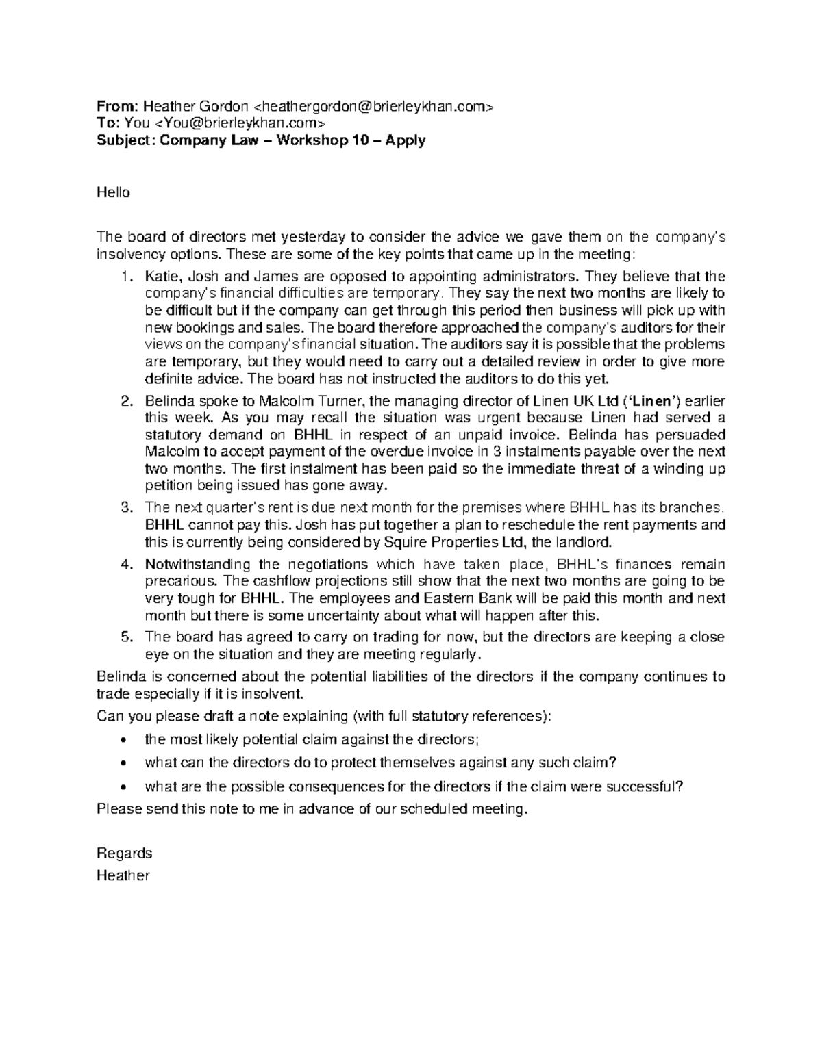 Workshop 10 Pre Workshop Activity - From: Heather Gordon To: You - Studocu