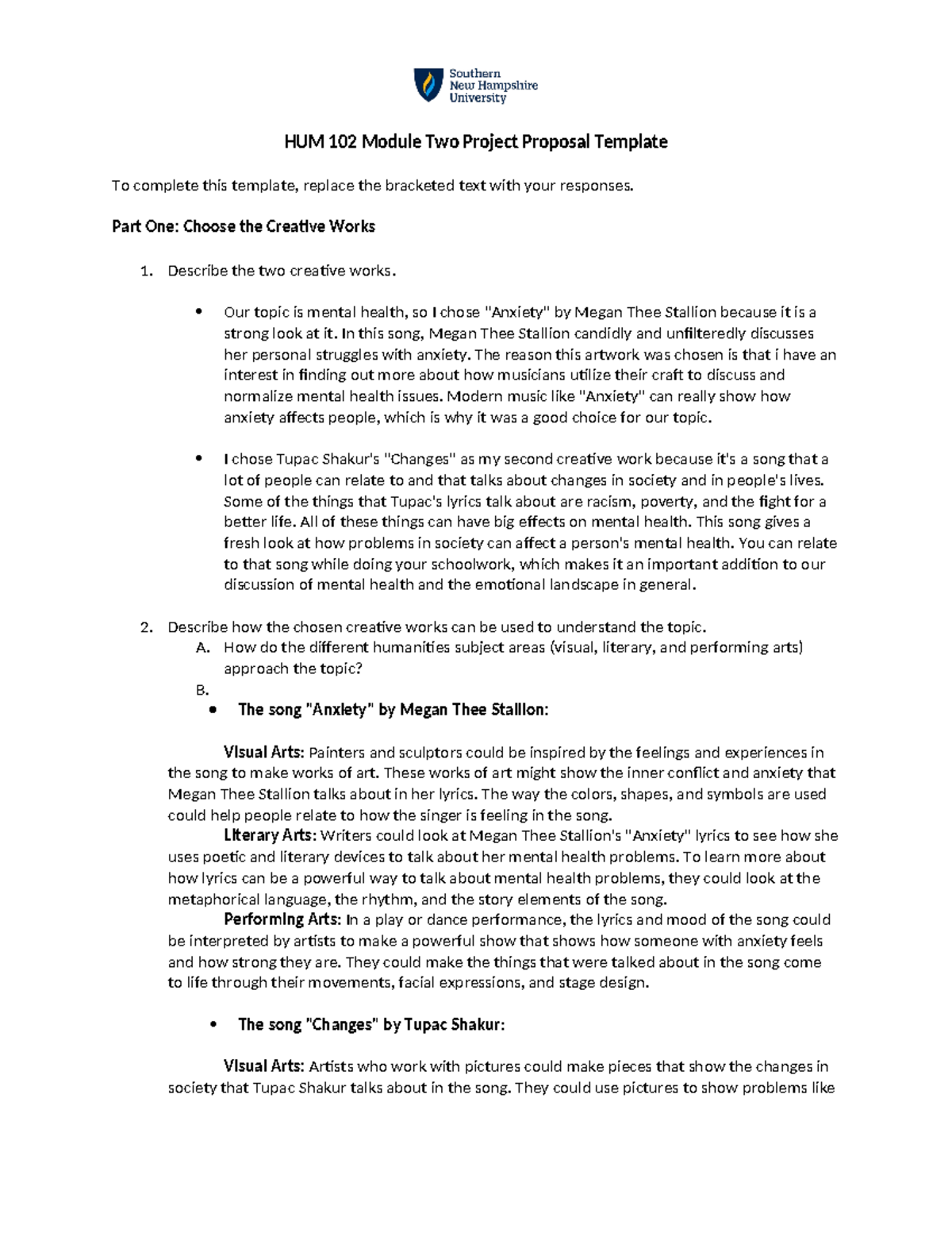 HUM 102 Module Two Project Proposal - Part One: Choose the Creative ...