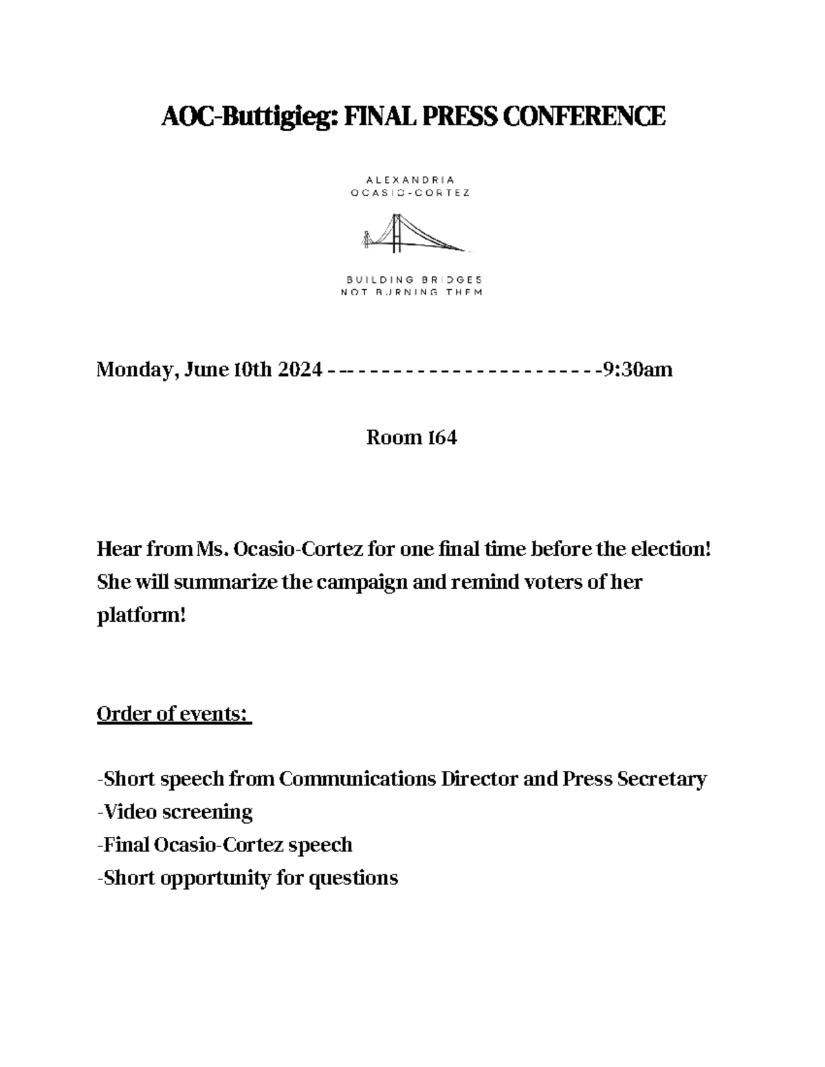 Media advisory for final press conference - AOC-Buttigieg: FINAL PRESS ...