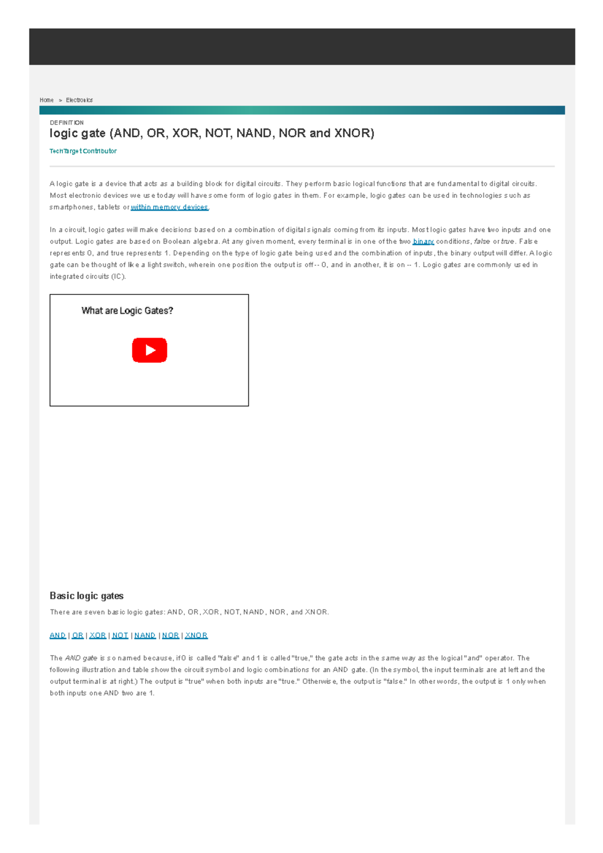 What is logic gate - Home > Electronics DEFINITION logic gate (AND, OR ...