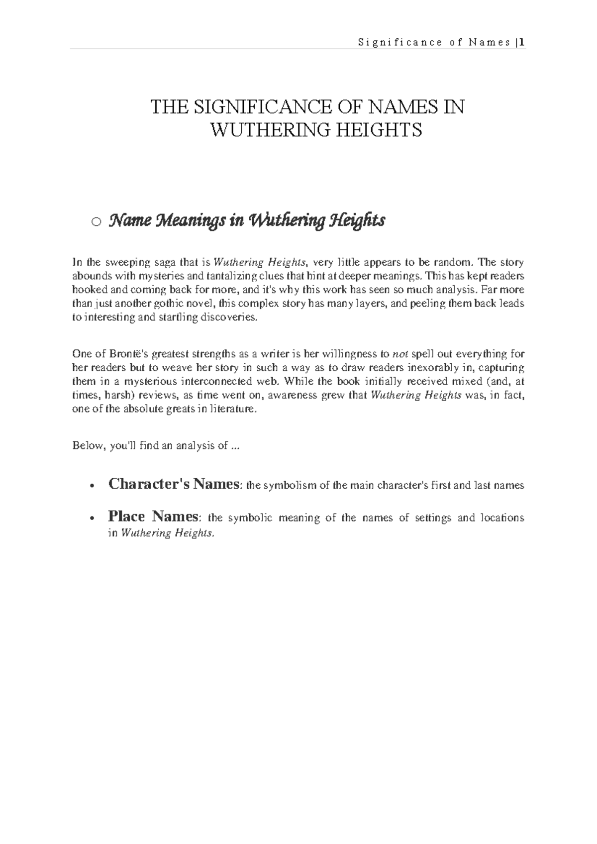 Significance of Names in Bronte's Wuthering Heights - THE SIGNIFICANCE ...