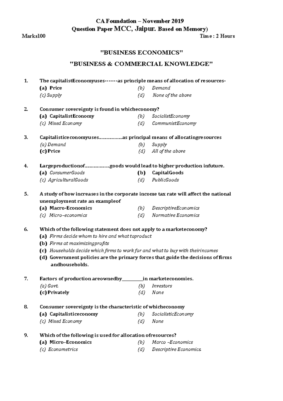 CA Foundation Economics Question Paper with Answer Nov 2019 - CA ...