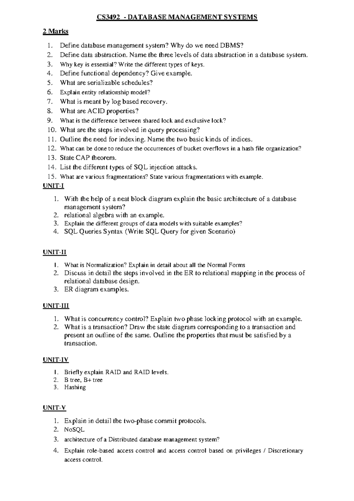 CS3492-DBMS Questions - CS3492 - DATABASE MANAGEMENT SYSTEMS 2 Marks 1. Define database ...