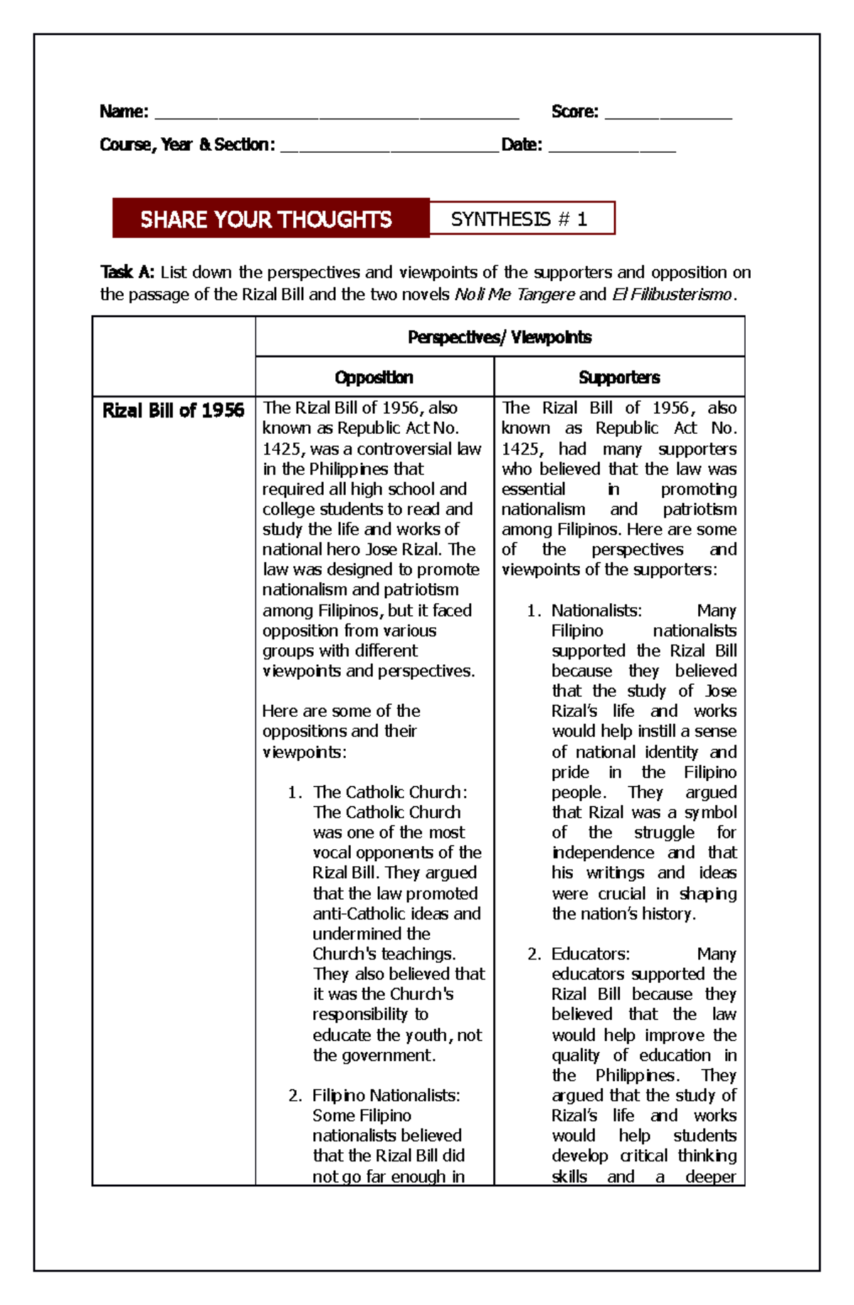 Synthesis - Name: ________________________________________ Score ...