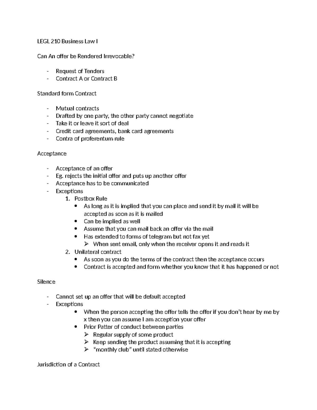 Standard form of Contract - LEGL 210 Business Law I Can An offer be ...