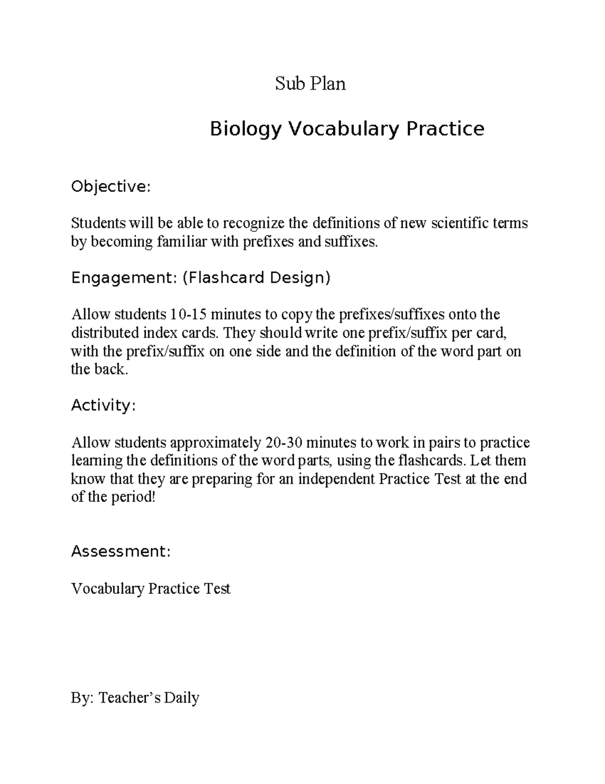 Biology Life Science Sub Plan Vocabulary Practice-1 - Sub Plan Biology ...