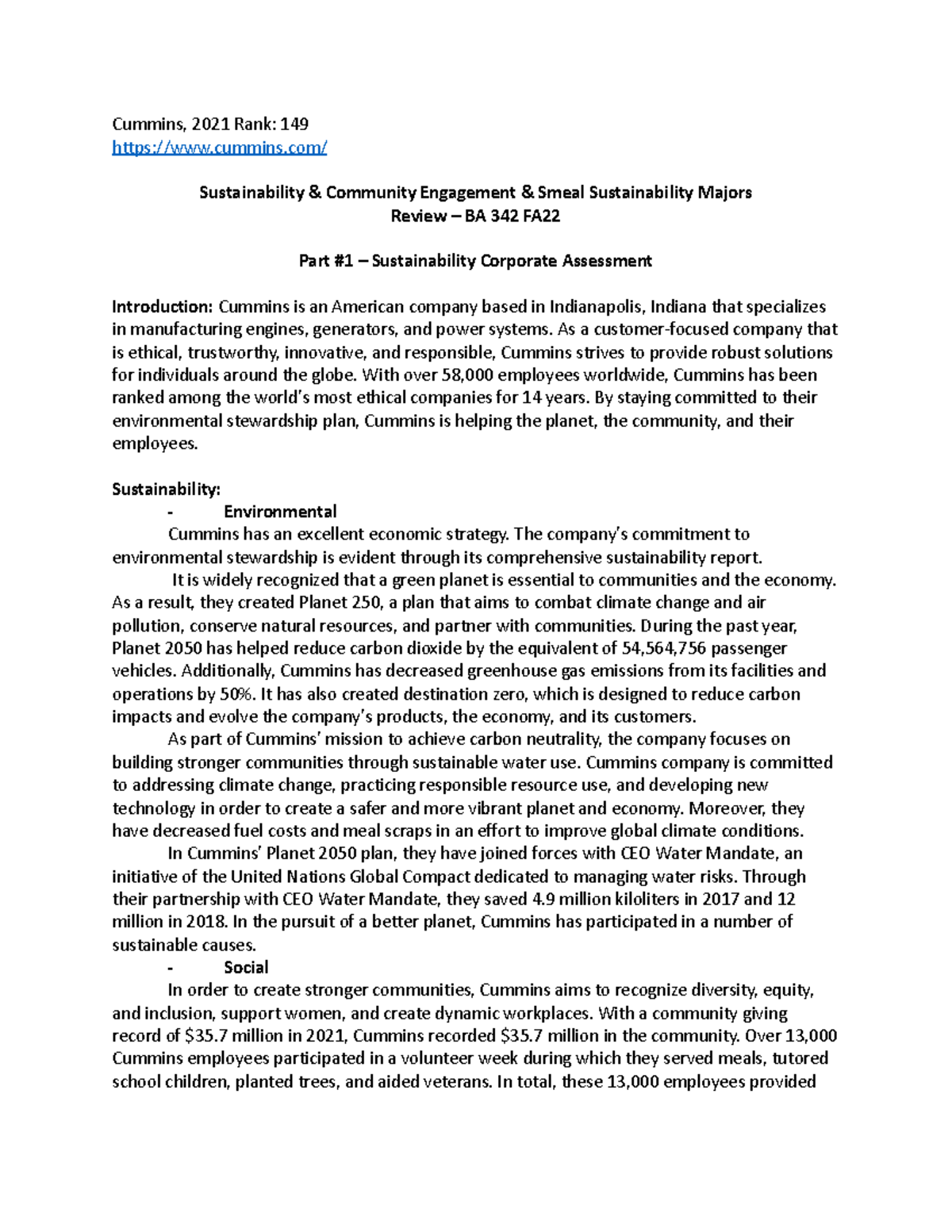 BA Sustainability - Cummins, 2021 Rank: 149 cummins/ Sustainability ...