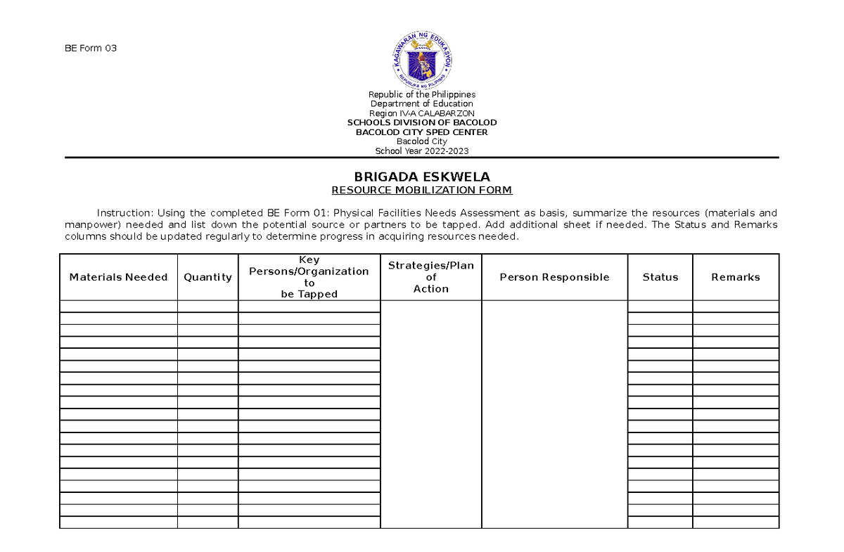 BE Form 3 Resource Mobilization FORM - BE Form 03 Republic of the ...