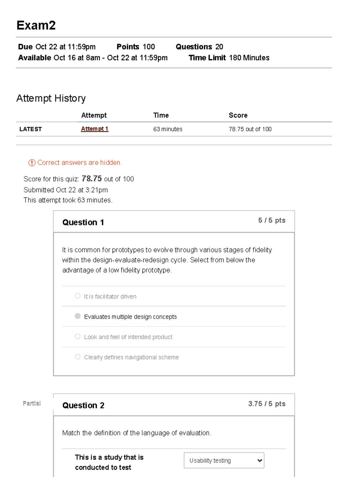 Exam2 (23FS-Full) HCI & Usability (004) - Exam Due Oct 22 at 11:59pm Points 100 Questions 20 ...