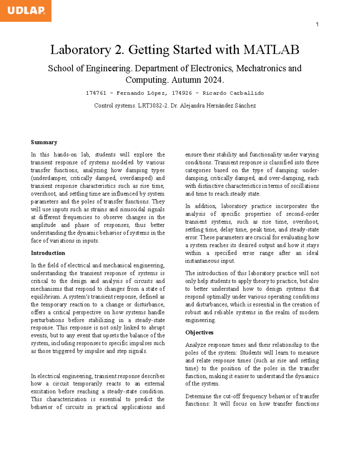 Laboratory 2 - repaso - Laboratory 2. Getting Started with MATLAB School of Engineering ...