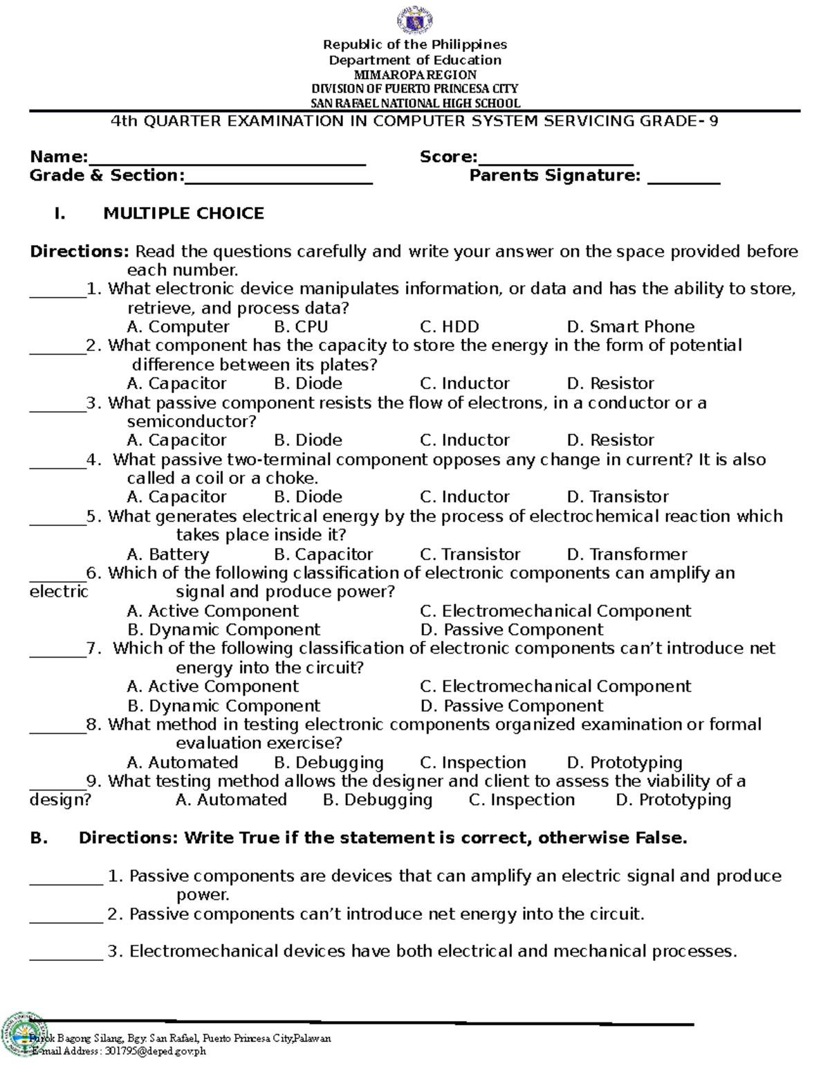 4th Quarter Examination IN Computer System Servicing Grade 9 - Republic ...