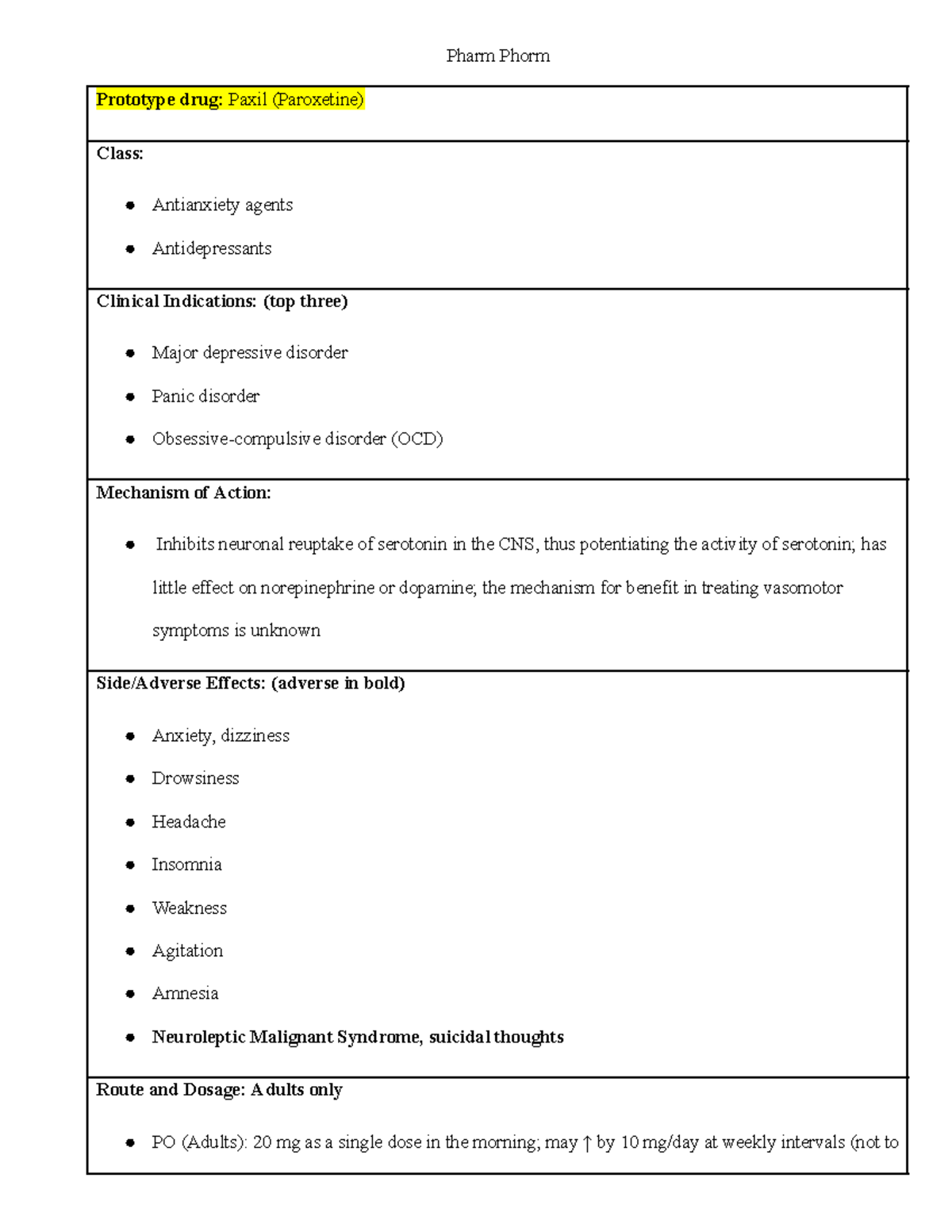 Paxil - NONE - Pharm Phorm Prototype drug: Paxil (Paroxetine) Class ...