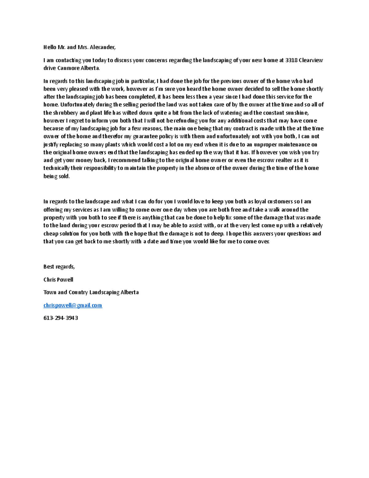 English bad news letter assingment - Hello Mr. and Mrs. Alexander, I am ...