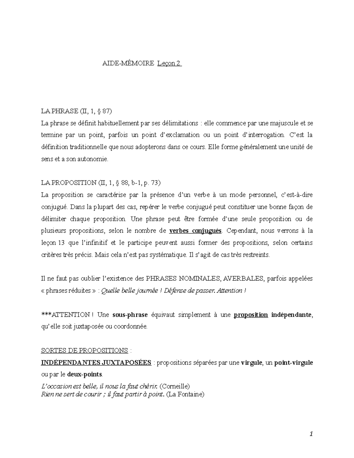 Cours 2 - La phrase - AIDE-MÉMOIRE Leçon 2 LA PHRASE (II, 1, § 87) La ...