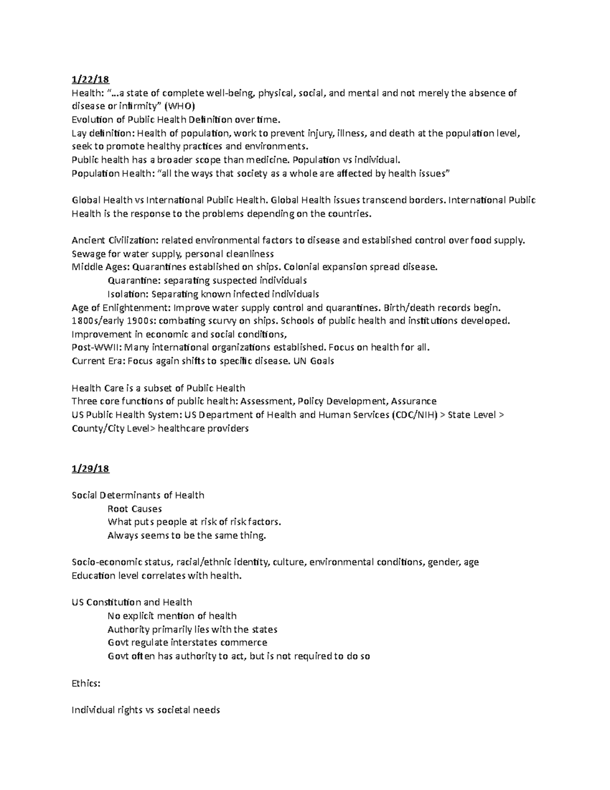 Public Heath Lecture Notes - 1/22/18 Health: “…a state of complete well ...