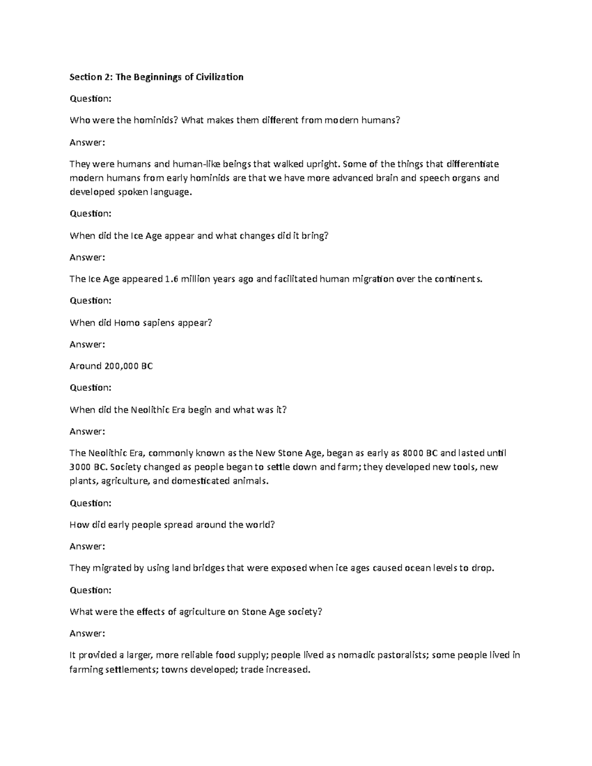 Dawn of Civilization Exam Preparation - Section 2: The Beginnings of ...