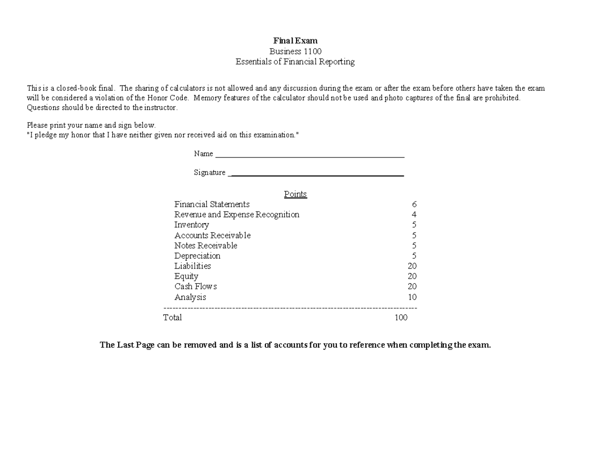 Accounting Final Practice 1 - Final Exam Business 1100 Essentials of ...