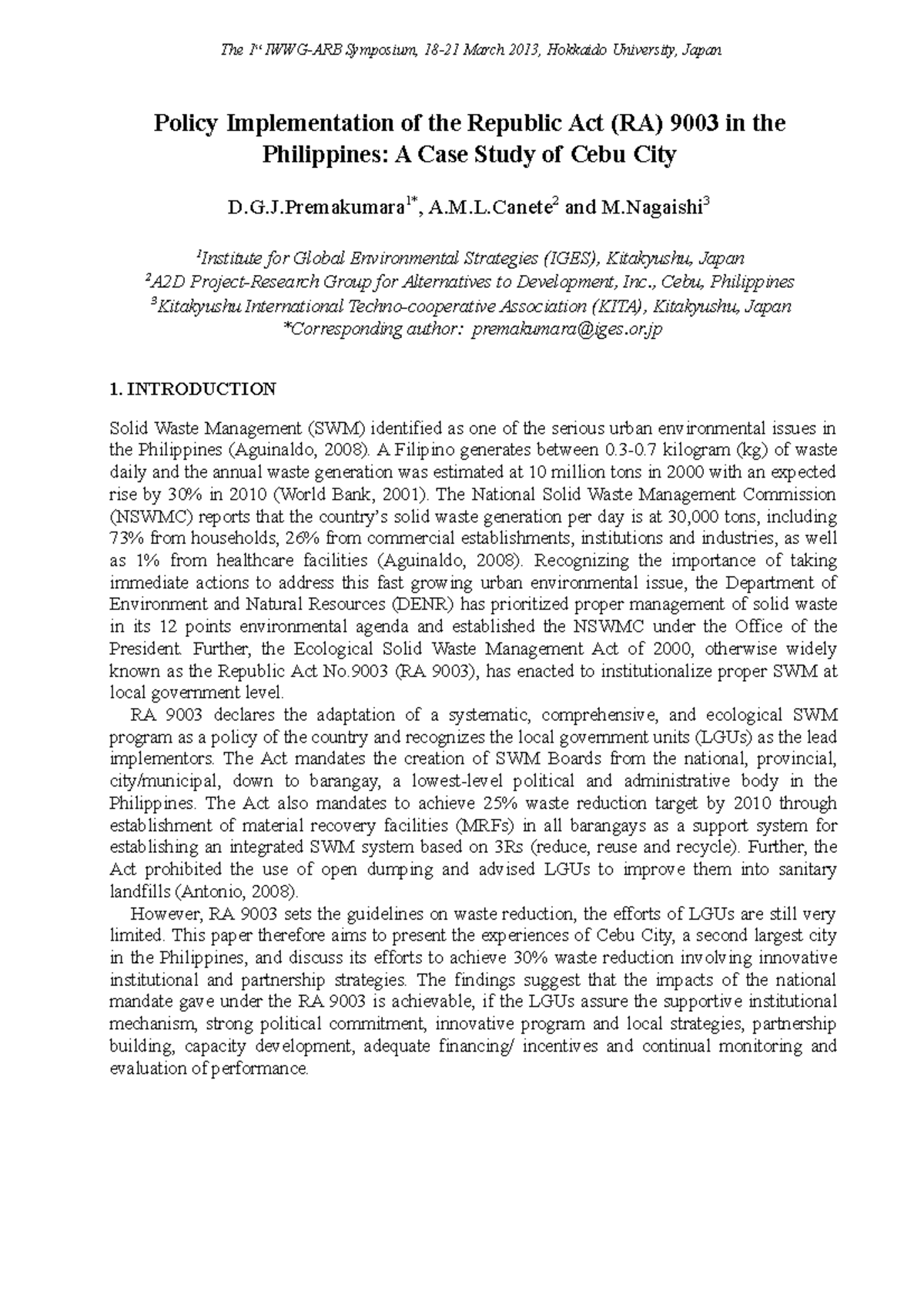 Republic Act (RA) 9003 cebu sample - Policy Implementation of the ...
