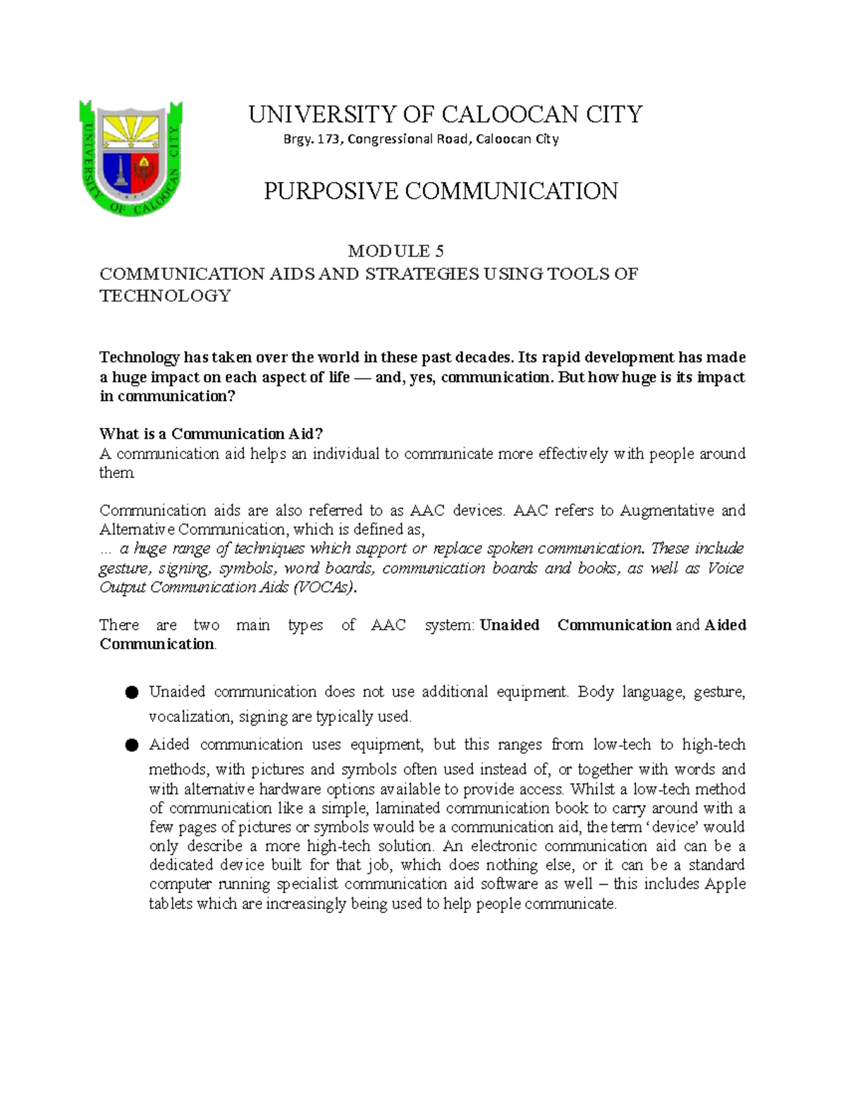 PURPOSIVE-COMMUNICATION-MODULE 5 - UNIVERSITY OF CALOOCAN CITY Brgy ...