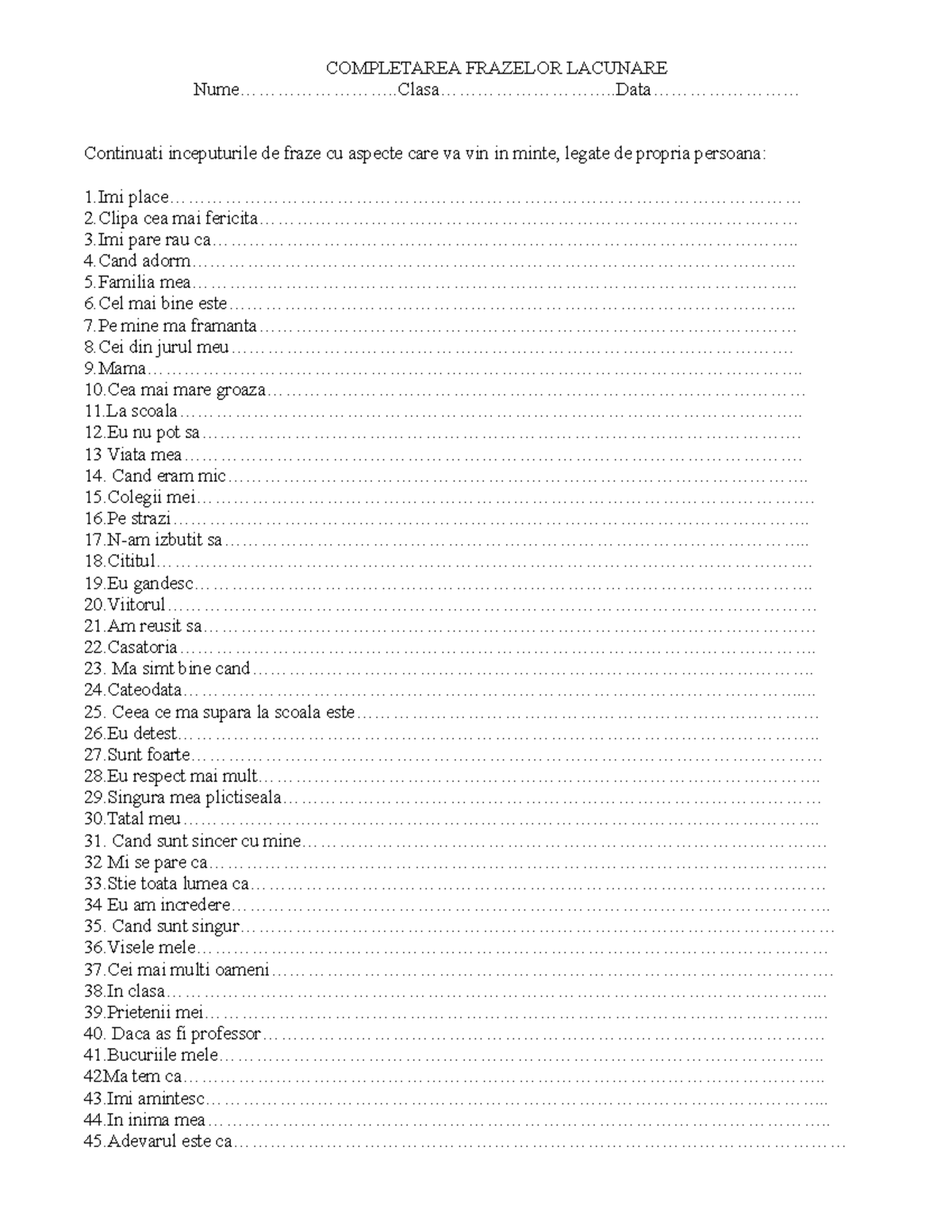 Completarea Frazelor Lacunare - COMPLETAREA FRAZELOR LACUNARE - Studocu
