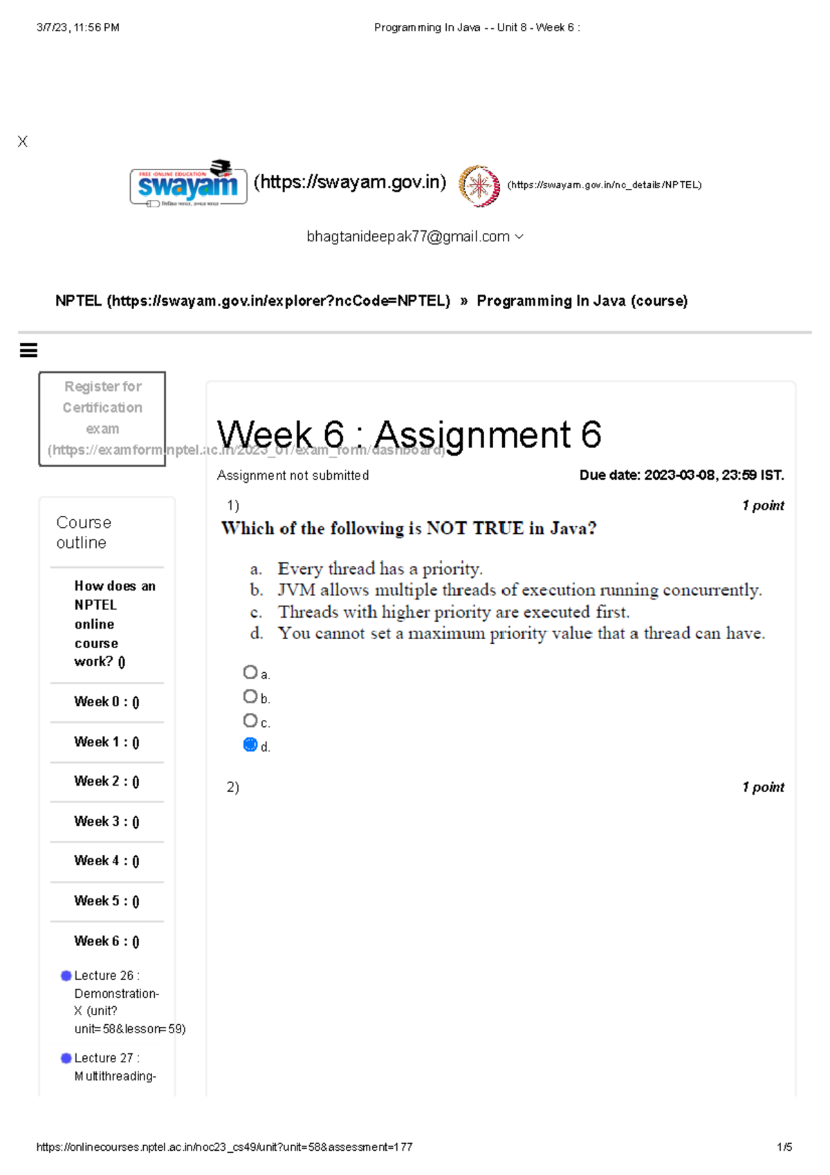 Programming In Java - Unit 8 - Week 6 - X NPTEL (swayam.gov/explorer ...
