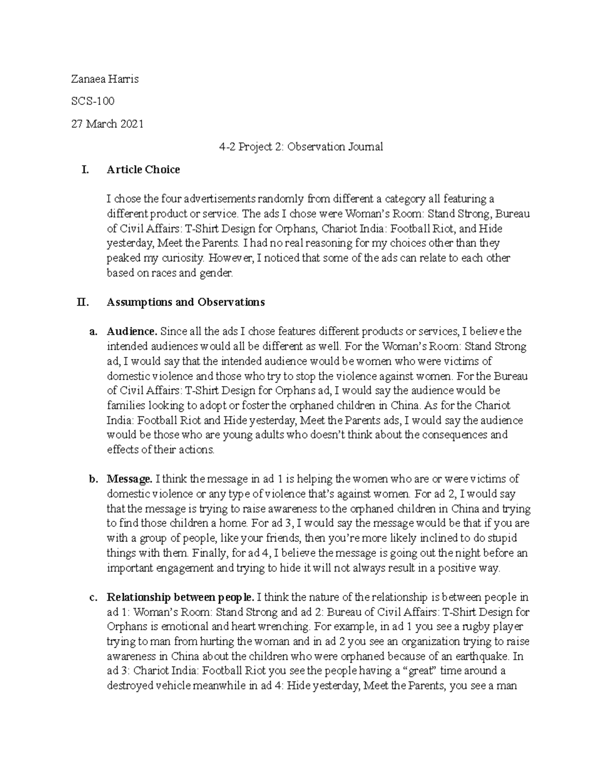 4-2 Project 2 Observation Journal - Zanaea Harris SCS- 27 March 2021 4-2 Project 2: Observation ...