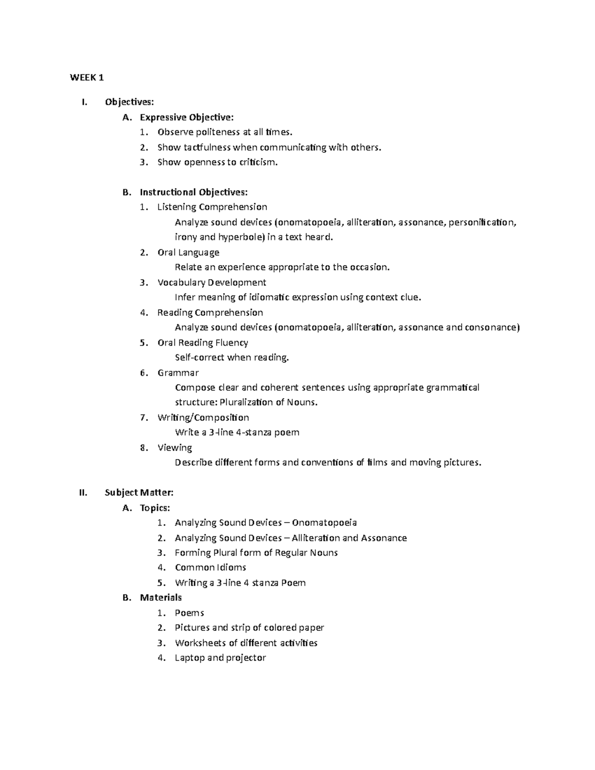 English Grade 6 Lesson Plan Quarter 1 Week 1 - WEEK 1 I. Objectives: A ...