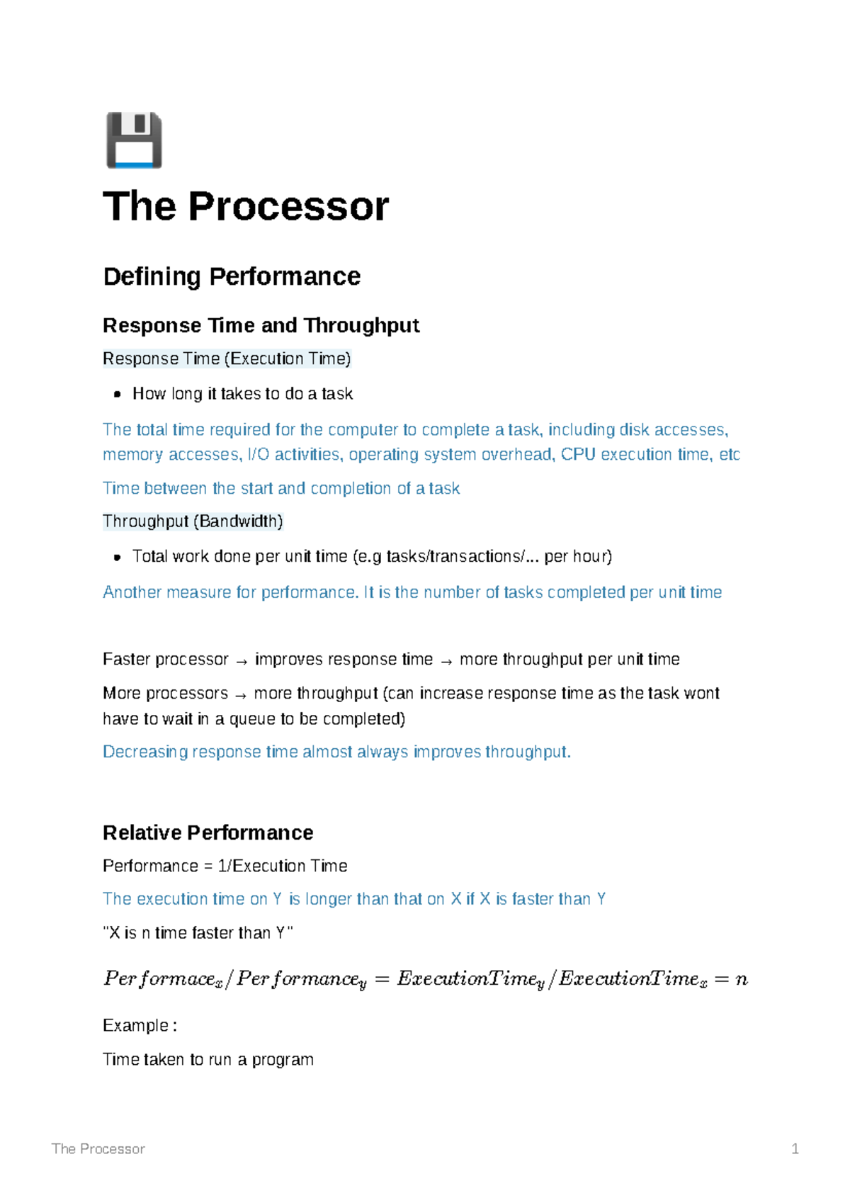 The Processor - 💾 The Processor Defining Performance Response Time and Throughput Response Time ...